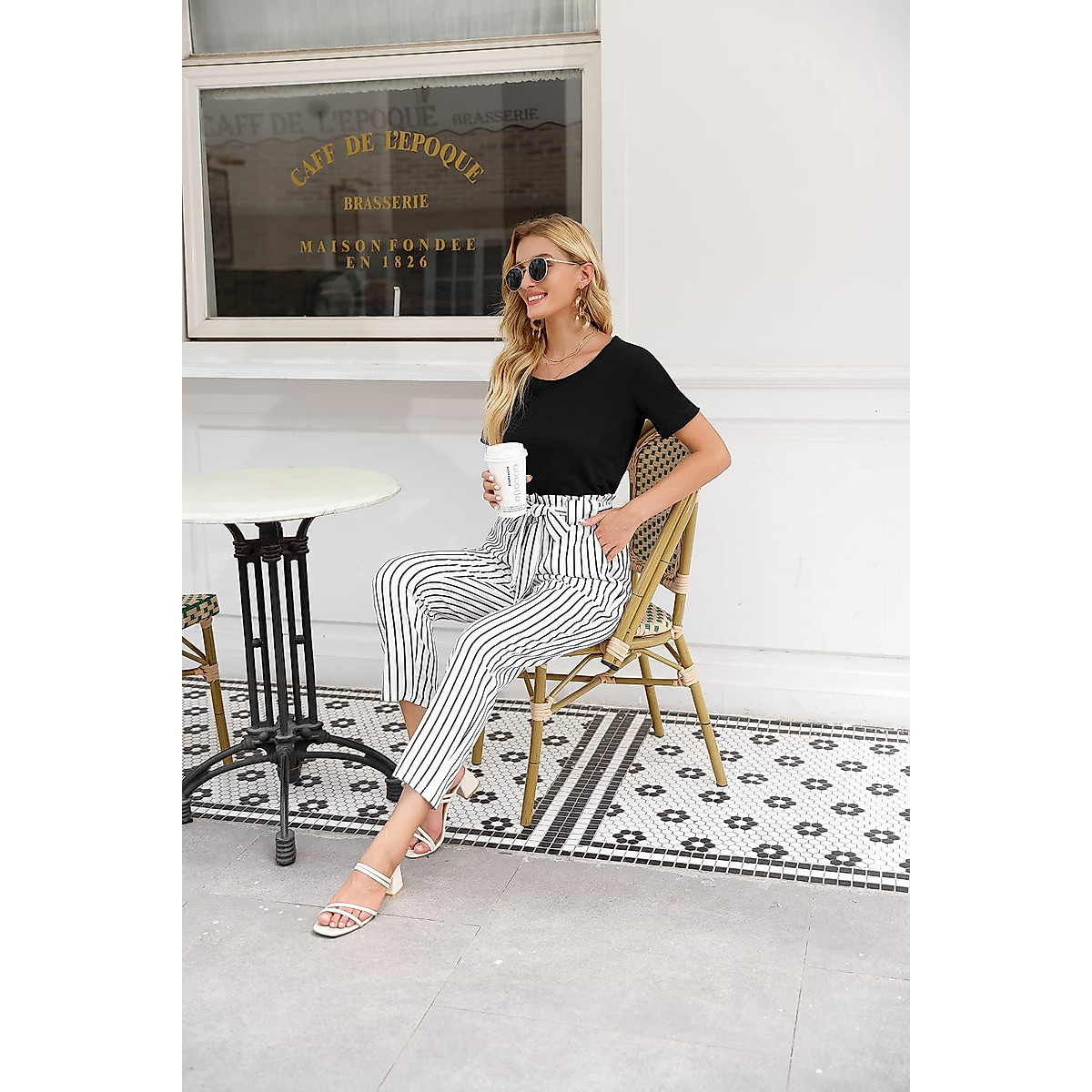 GRACE KARIN Women Pants Striped High Waist Pants Casual Paper Bag Pants with Pockets XL