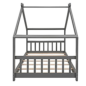 Merax Twin Wood House Bed Frame with Headboard Cute Montessori Platform Bed for Boys Girls,No Box Spring Needed (Twin,Grey)