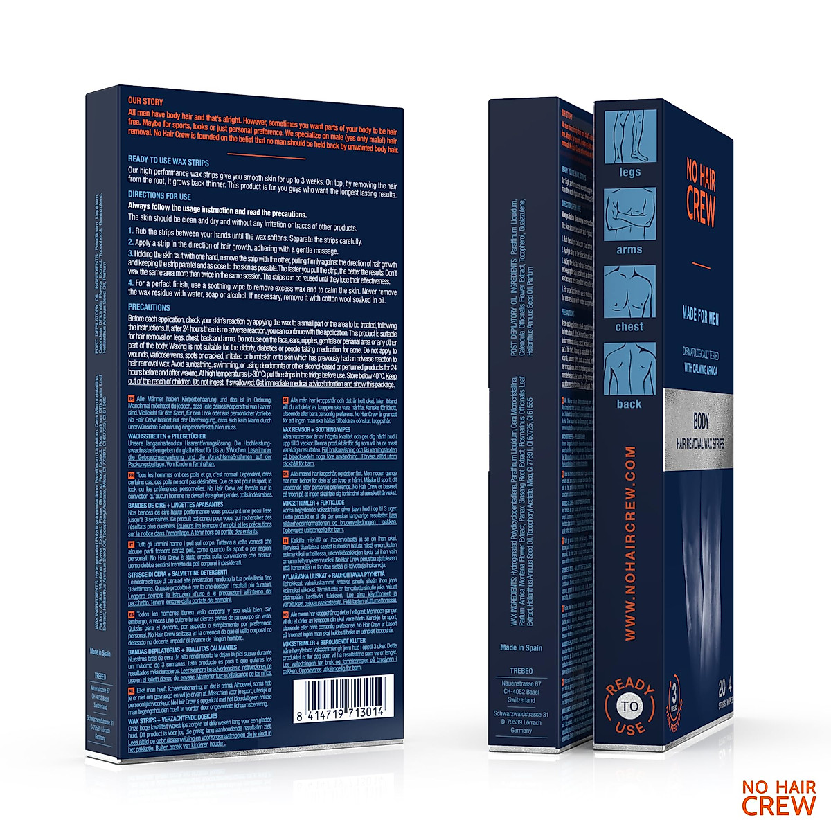 NO HAIR CREW Body Wax Strips – High Performance Wax Strips Made for Men, 20 strips & 4 soothing cleansing wipes