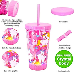 GILANO 16oz Kids Tumbler Water Drinking Bottle with LED Light Up - BPA Free, Straw Lid Cup, Reusable, Lightweight, Spill-Proof Water Bottle with Cute Design for Girls & Boys (Unicorn)
