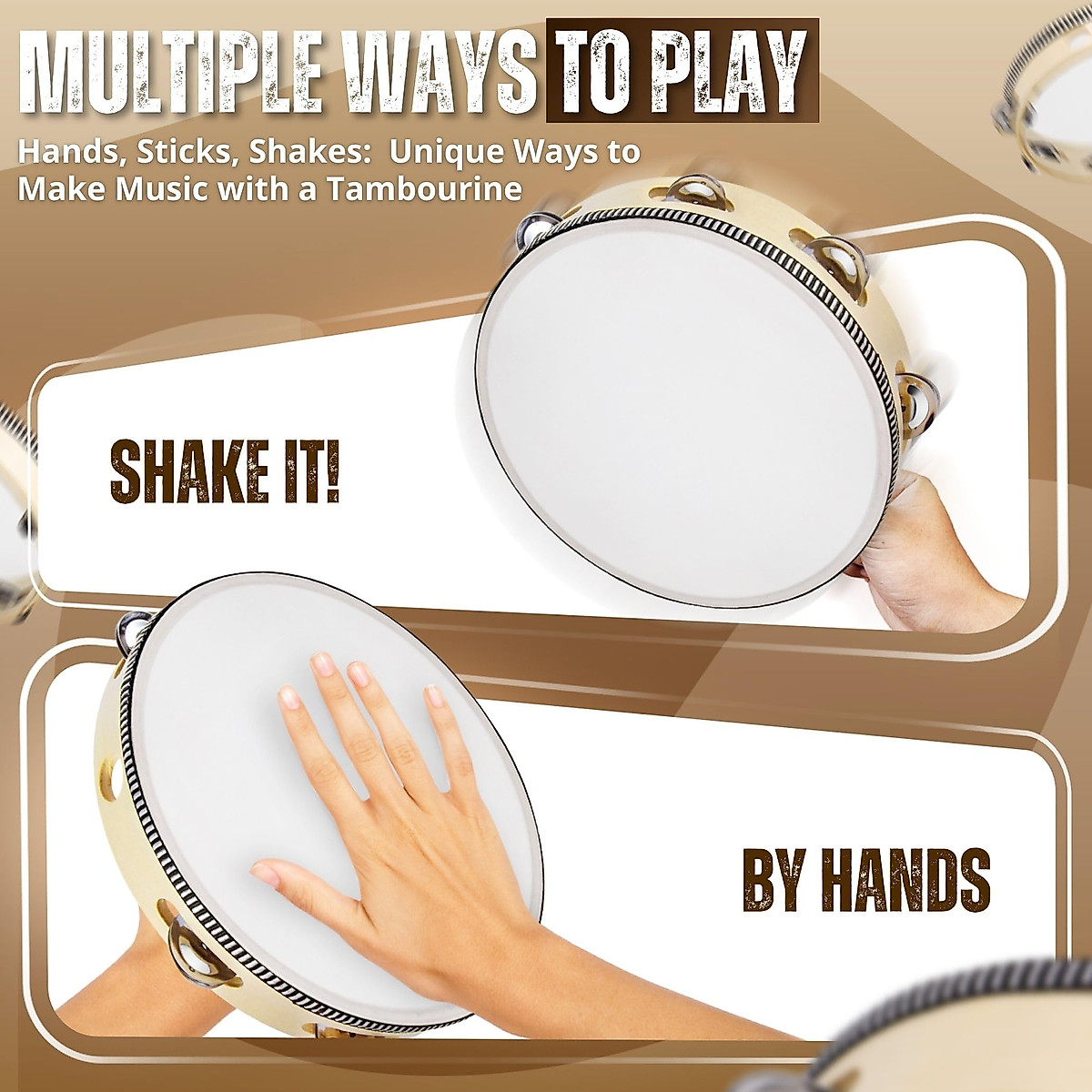 Flexzion Wood Handheld Tambourine Adults 6-Inch Double Row 8-Pair Jingles (Wood) - Percussion Round Tamborines Musical Instrument with Metal Zills