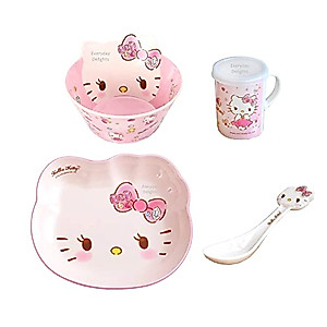 Hello Kitty Cute Pink Dinnerware Flatware Meal Set – Plate Bowl Cup Spoon, 4 pieces