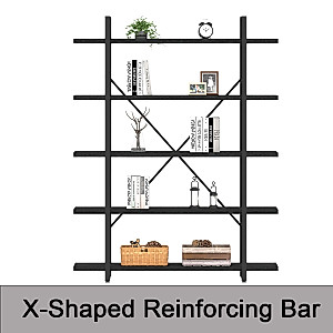 HSH Industrial Wood and Metal 5 Tier Bookshelf, Large Tall Open Rustic Wide Etagere Bookcase, Vintage Farmhouse Modern Wooden Big Book Shelf for Home Living Room Bedroom Office Storage, Rustic Oak