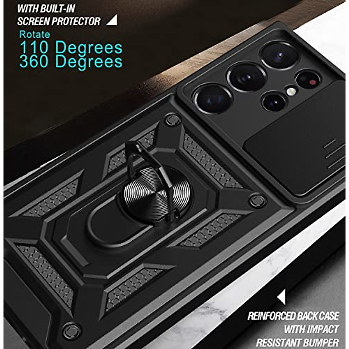 CCSmall Case for Samsung Galaxy S23 Ultra (Not S23) with Slide Camera Cover, Military Grade Drop Protective Phone Cover Case with Ring Kickstand for Samsung Galaxy S23 Ultra 5G SJ Black