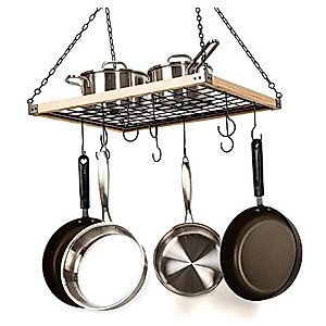 SODUKU Pot Pan Rack with Shelf Grid, Ceiling Mounted Hanging Multi-Purpose Wood & Metal Cookware Hanger Organizer Kitchen Storage with 10 Hooks