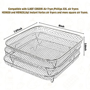 8 inch Air Fryer Rack for Instant Vortex Air Fryer, Philips,COSORI Air Fryer, Stackable Square Rack,Stainless Steel Multi-Layer Dehydrator Air Flow Rack,Air Fryer Accessories