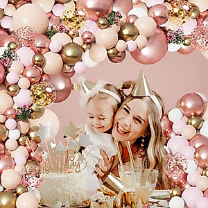 Rose Gold Balloon Garland Kit, Nude Pastel Pink Metallic Gold Matte White Balloons Gold and Rose Gold Confetti Balloons for Wedding Bridal Shower Princess Party Girl Birthday Baby Shower Decorations