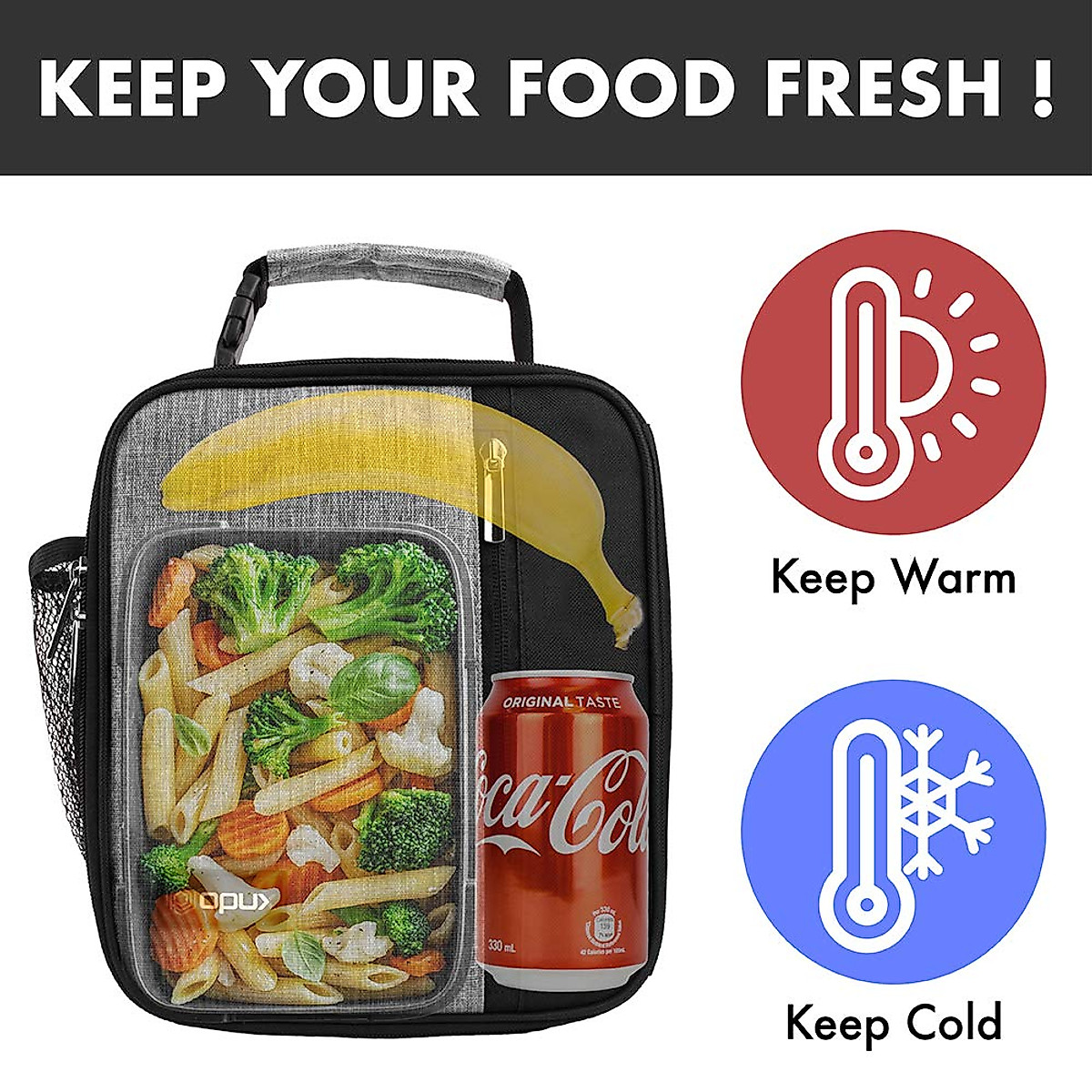 opux Lunch Box for Men, Insulated Lunch Bag for Women, Soft Lunchbox for Adult Work Office with Pocket and Clip On Handle, Reusable Compact Lunch Cooler Pail (Grey)