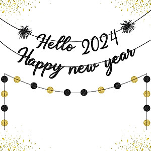 Glitter Black Gold Happy New Year Banner New Years Eve Banner 2023 Happy New Year Sign New Years Eve Party Supplies 2023 new year decorations