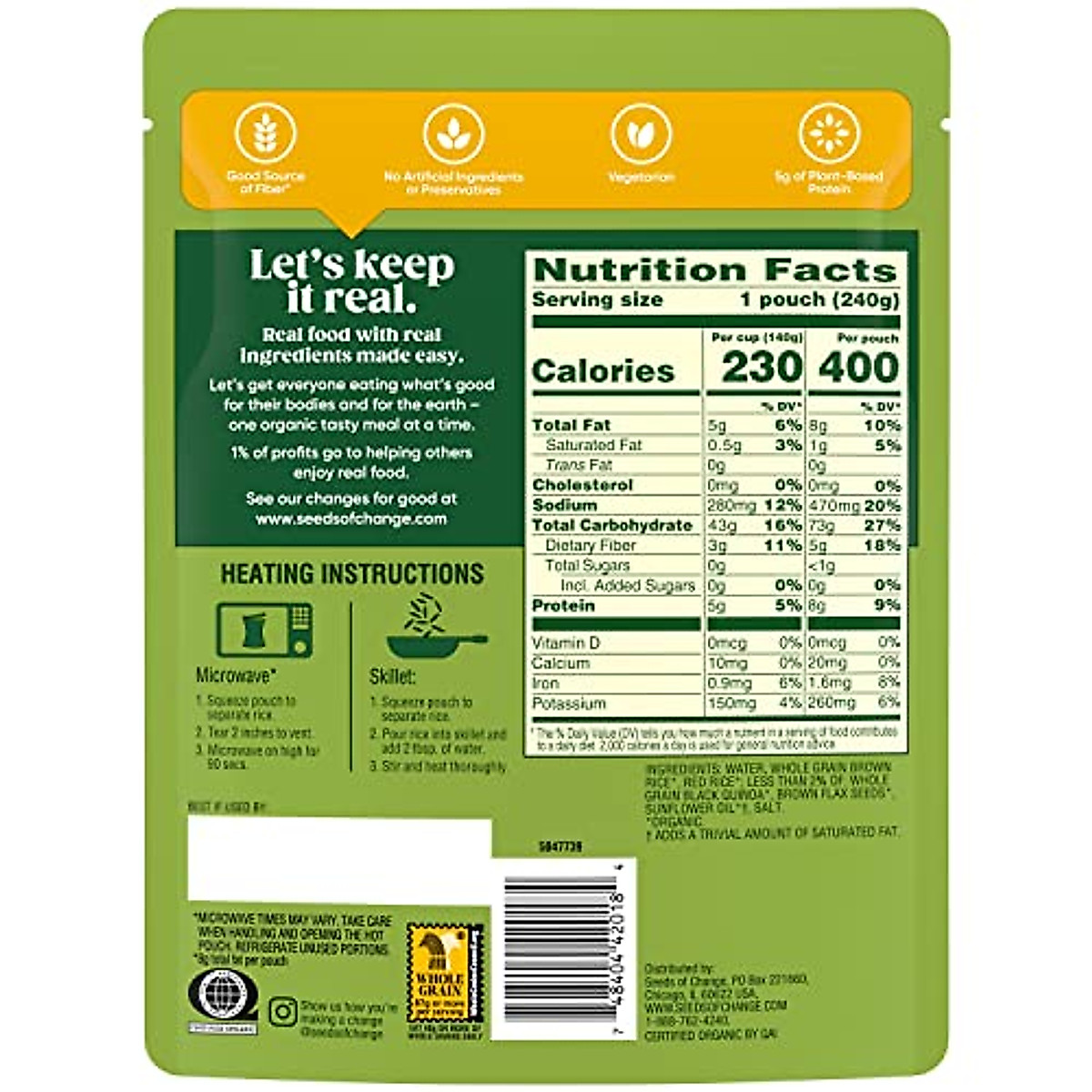 SEEDS OF CHANGE Organic Quinoa, Brown & Red Rice with Flaxseed, Microwaveable Ready to Heat, 8.5 Ounces (Pack of 6)