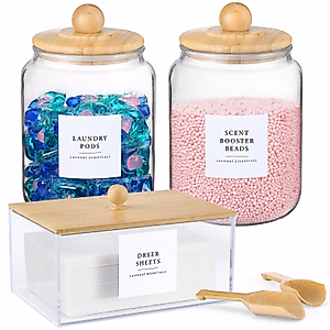 Glass Jars and Dryer Sheet Holder with Bamboo Lids, Dispenser Set and Labels, Containers for Laundry Room Organization and Storage, Half Gallon Airtight jars, Acrylic Storage Box for Laundry supplies