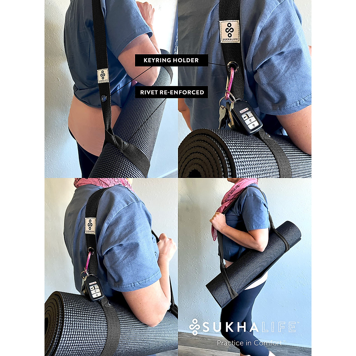 SukhaMat - Yoga Mat Strap, Extra-Durable and Comfortable | Multi-Purpose Strap/Carrier for Your Yoga Mat, Pilates or Exercise Mat (Black)