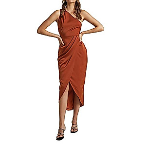 LYANER Women's One Shoulder Ruched Sleeveless Split Slit Wrap Hem Zipper Midi Dress Rust Brown Medium