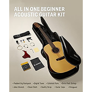 Donner Acoustic Guitar for Beginner Adult Full Size Dreadnought Acustica Guitarra Starter Bundle Kit with Gig Bag Strap Tuner Capo Pickguard String 4 Picks Cloth, Right Hand 41 Inch Natural, DAG-1