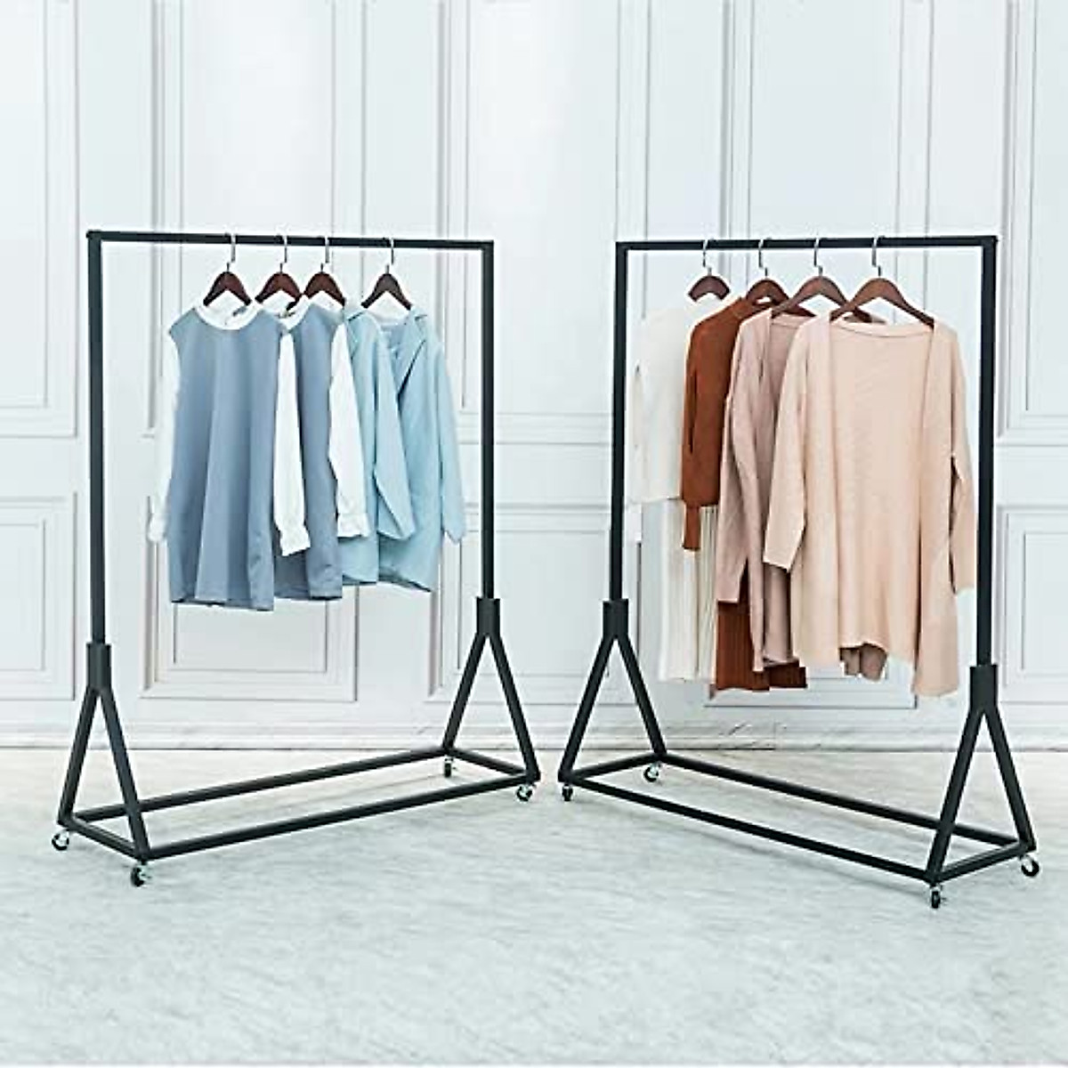 FURVOKIA Modern Simple Heavy Duty Metal Rolling Garment Rack with Wheel,Retail Display Clothing Rack, Single Rod Floor-Standing Hangers Clothes Shelves (Black Square Tube A, 47.2 L)