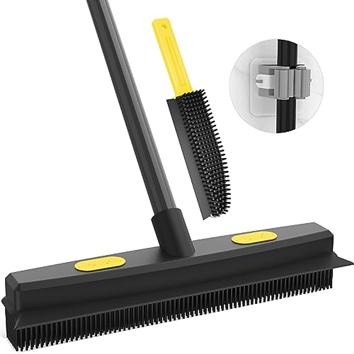 Sunally Rubber Broom Pet Hair Remover, Fur Remover Broom with Squeegee for Fluff Carpet, Hardwood Floor, Tile, Window, Black Yellow, includes Portable Lint Remover Brush and Broom Holder