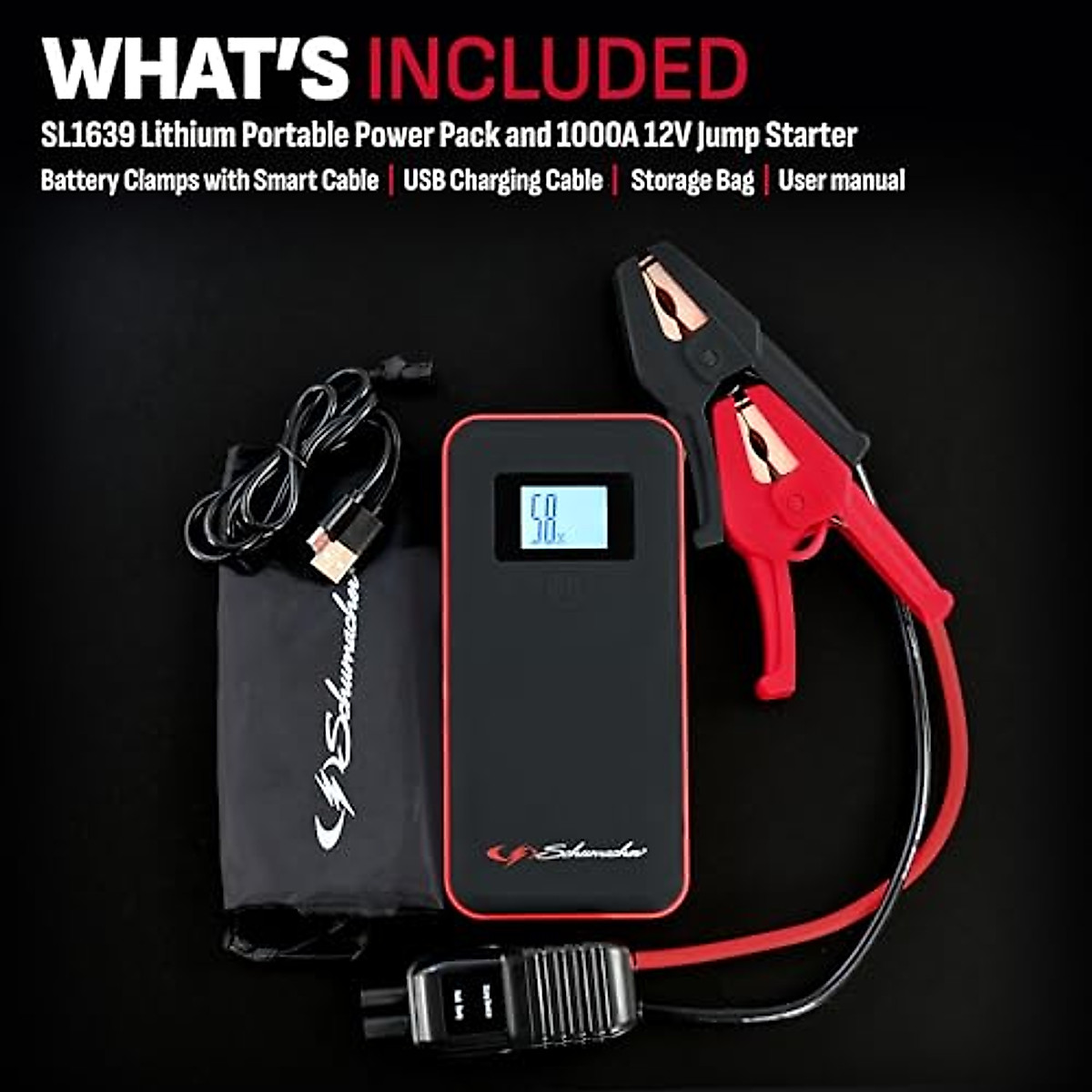 Schumacher Electric Lithium Jump Starter and Portable Power Pack, SL1639, 1000 Amps, 12 Volt, 2.4 Amp USB Port, for Motorcycle, Car, Truck, and Boat Batteries, Digital Display