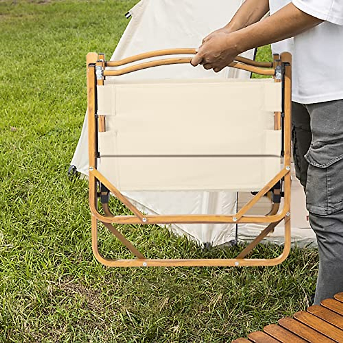 VKKILPEE Portable Folding Camping Chair Medium Size Outdoor Chair Lightweight Aluminum Frame 600D Khaki Oxford Cloth Bearing 220lbs Imitation Wood Grain Spray Paint Lawn Chair Directors Chair