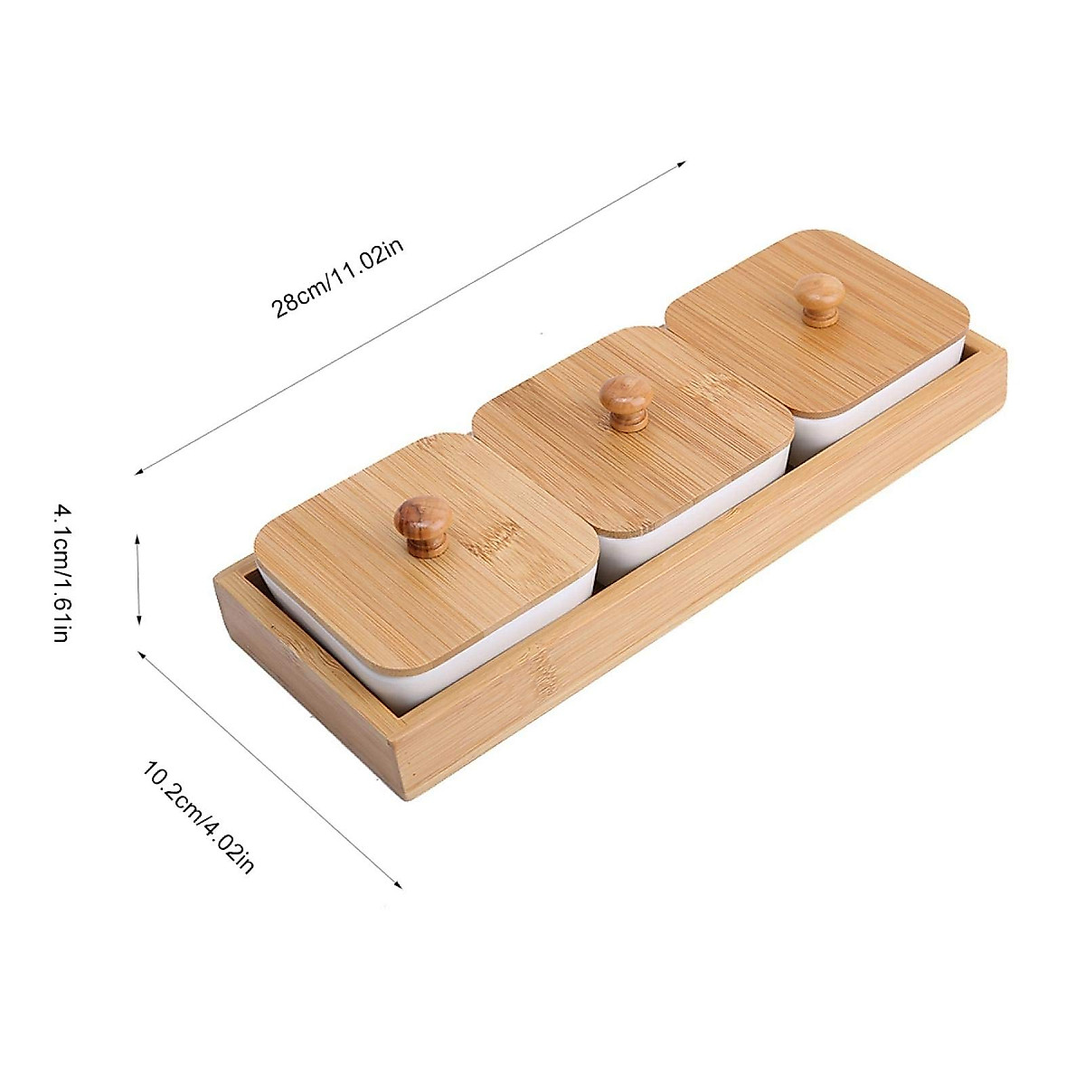 Ceramic Snack Serving Tray Compartment Serving Platter with Bamboo Lid and Pallets Removable Container Food Storage for Appetizer Condiments Nuts(3 Grid)