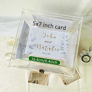 CYAOOI Acrylic Wedding Card Box with Picture Frame, Clear Gift Card Box for Wedding Reception, Large Rotatable Money Envelope Card Box Holder with Lock for Graduation Party Birthday Baby Shower