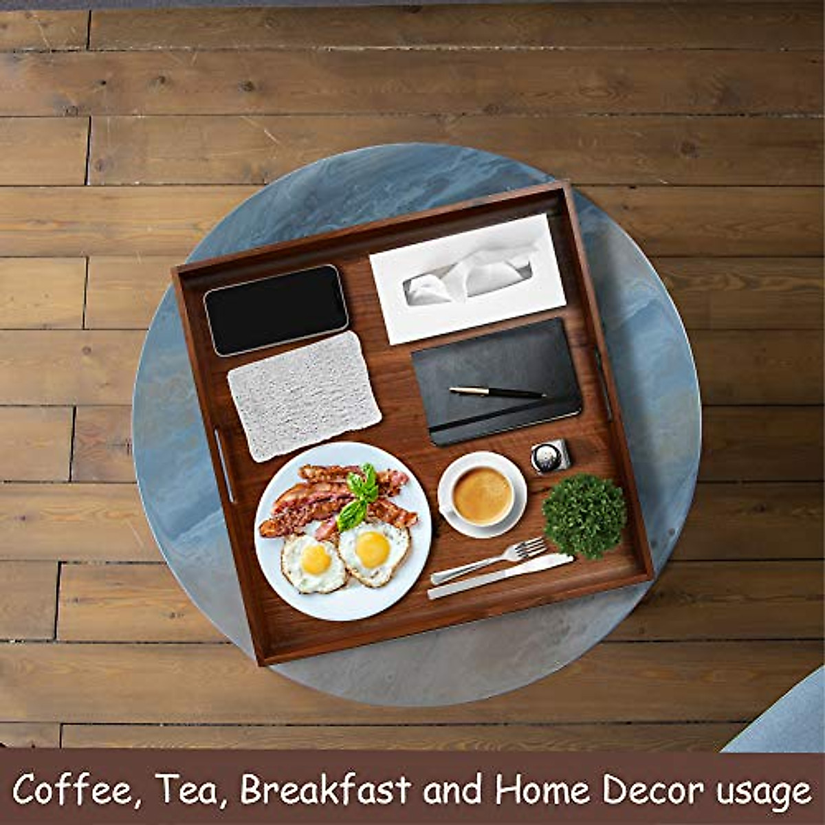 Large Ottoman Tray | 19 x 19 inches Oversized Square Solid Black Walnut Wooden Table Serving Tray | with Handles - Durable - Sleek Design for Coffee, Tea, Breakfast Platter, Decorative