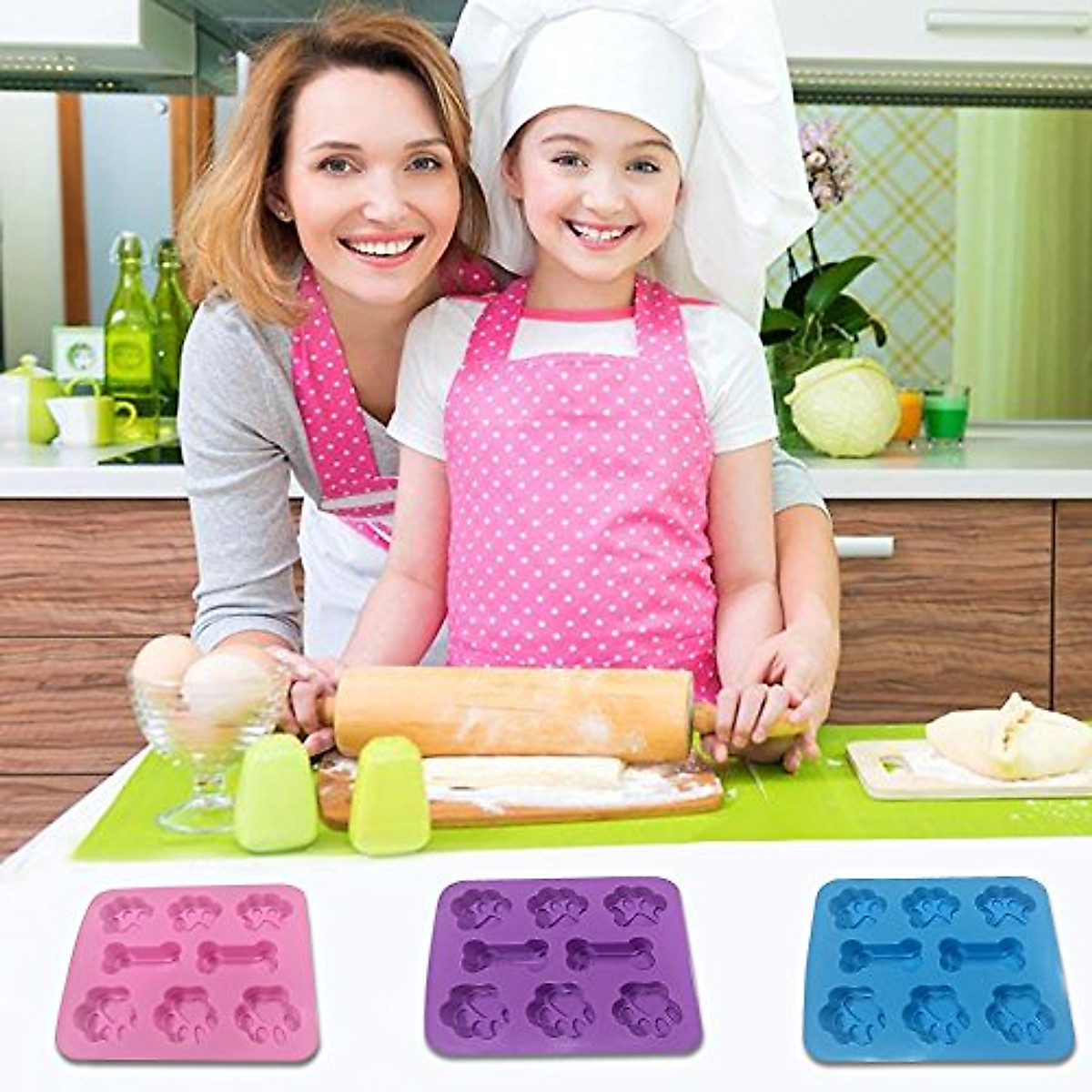 3 Pcs Silicone Molds Puppy Dog Paw & Bone Shaped 2 in 1, 8-Cavity, FineGood Reusable Ice Candy Trays Chocolate Cookies Baking Pans, Oven Microwave Freezer Dishwasher Safe-Pink, Blue, Purple