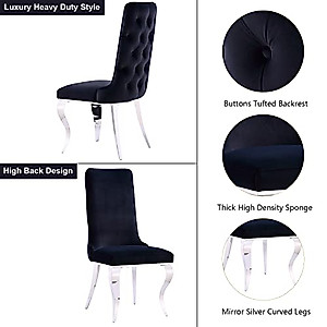 AZhome Dining Chairs, Black Velvet Upholstered Dining Room Chairs in Buttons Tufted Backrest, High Back Heavy Duty Dining Chair with Silver Mirrored Stainless Steel Legs, Set of 6