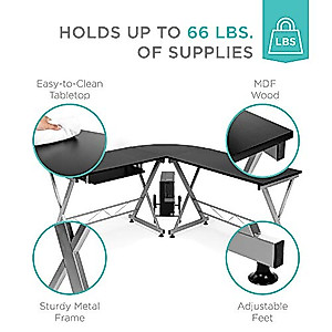 Best Choice Products Modular Wooden Sectional L-Shaped Workstation for Home, Office, Gaming, Study w/Wooden Tabletop, Metal Frame, Pull-Out Keyboard Tray, PC Tower Stand - Black