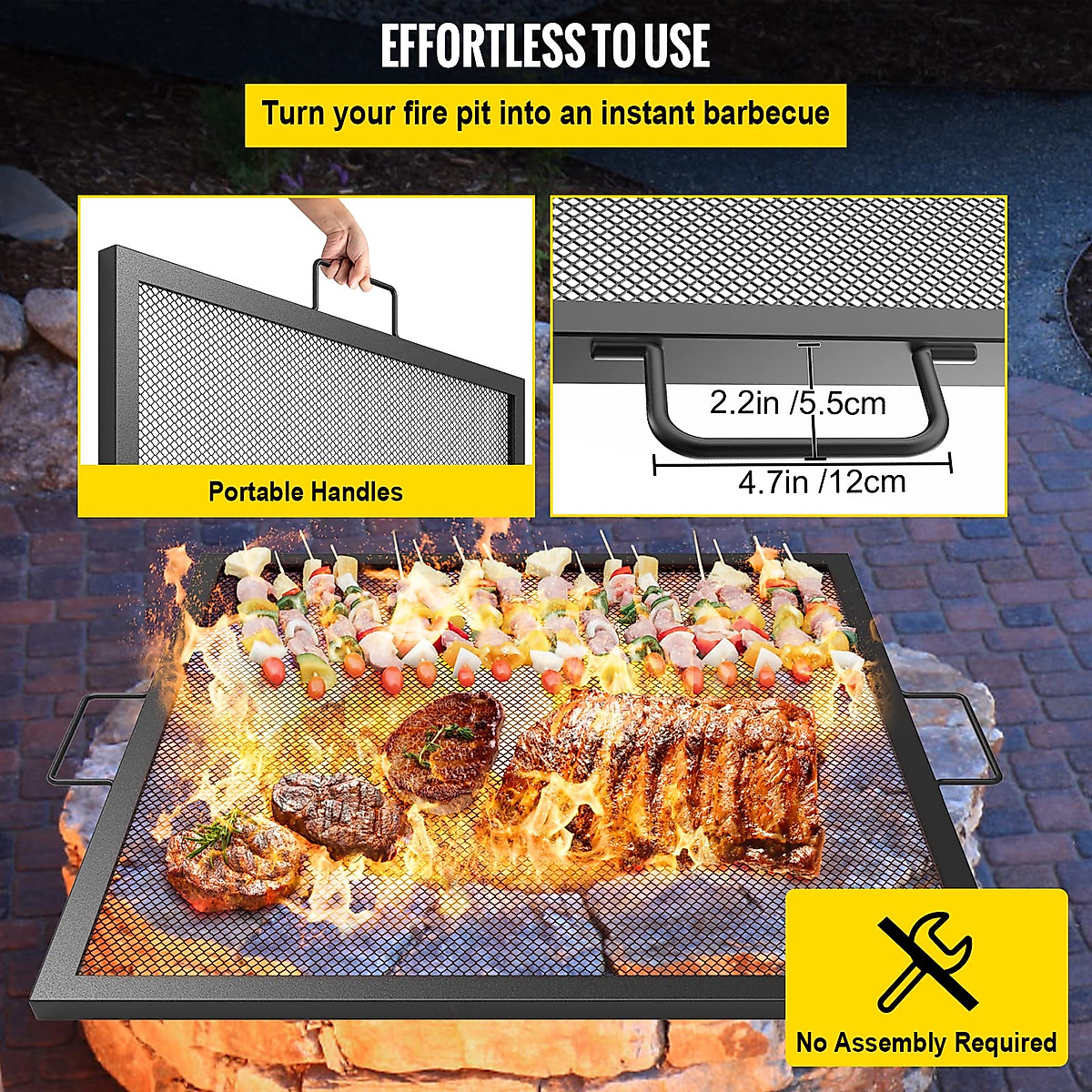 VEVOR Rectangle Fire Pit Grate, X-Marks Rectangle Grill Grate, Black Steel Fire Grate, Fire Pit Cooking Grate with Handles, Fire Grill Grate for Fire Pit, (36 x 36-inch)