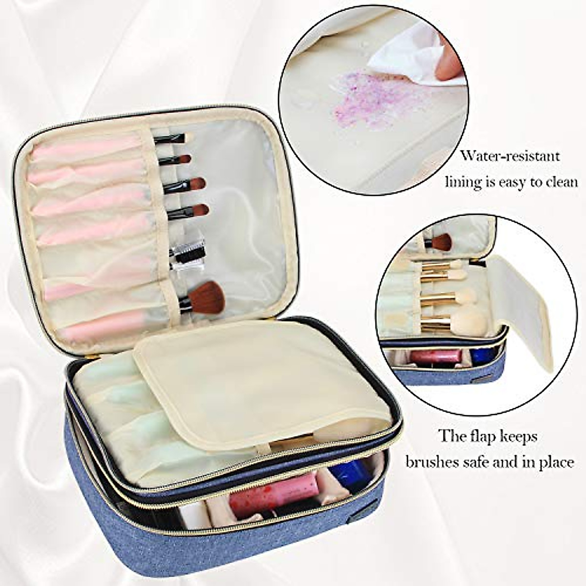 Teamoy Travel Makeup Brush Organizer, Cosmetic Brushes Bag Case with Compartment for Brushes and Beauty Essentials, Blue