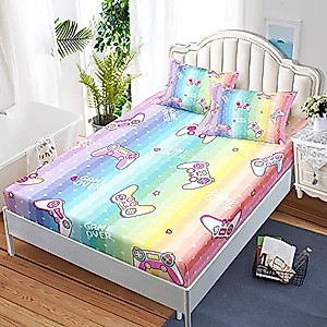 CVHouse Rainbow Gamepad Bed Sheets Sets Full Size,Rainbow Gamepad Bedding Sets for Girls Kids Teens,Rainbow Gamepad Fitted Sheet Sets,1 Flat Sheet & 1 Fitted Sheet with 2 Pillow Cases - 4 Pieces