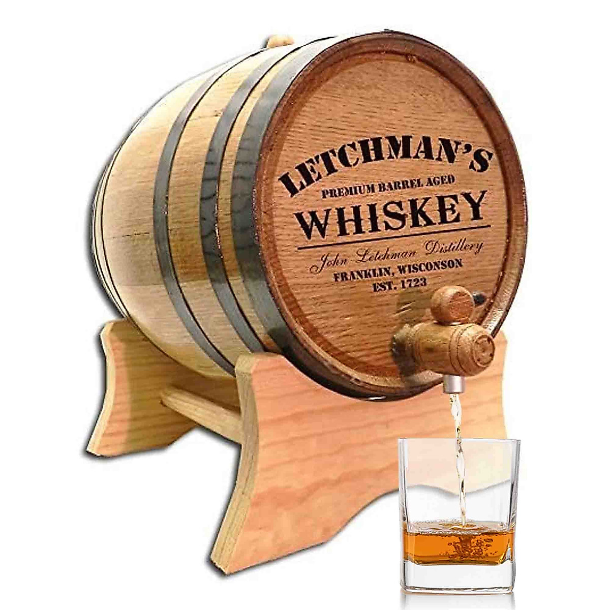 Personalized 20 Liter Oak Aging Barrel (5 gallon) with Stand, Bung and Spigot | Age Cocktails, Bourbon, Rum, Tequila, Beer, Wine and More! | Laser Engraved P5 Custom Whiskey Barrel Design