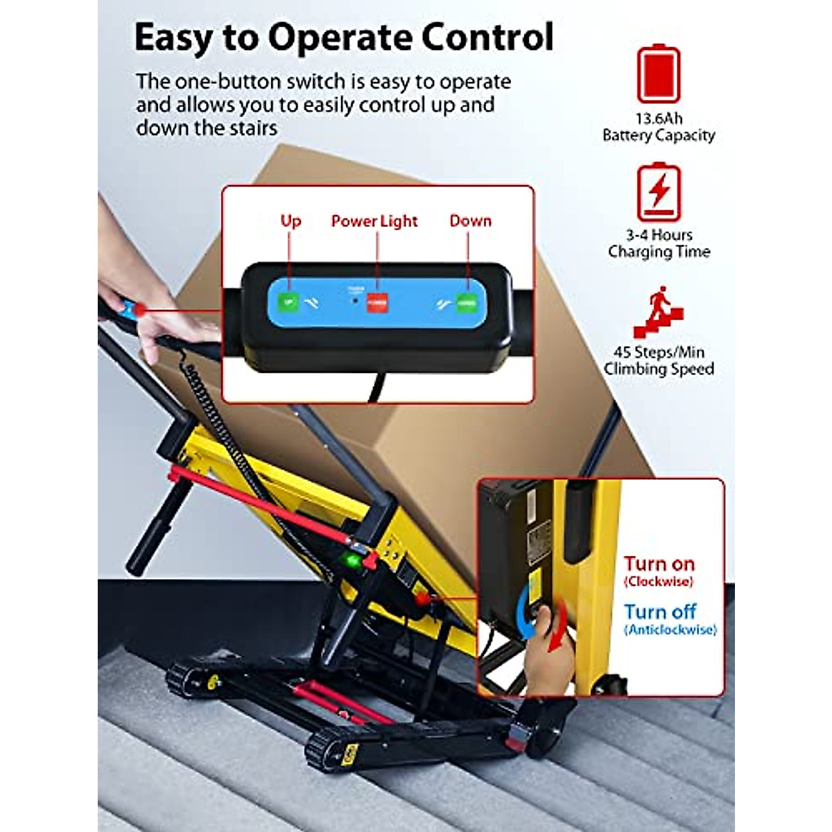 Electric Stair Climbing Hand Trucks Dolly 120W Motor 440Lbs Load Folding Electric Stair Climber Cart with Charger Lithium Battery 6 Solid Wheels for Moving Climbing Stairs Logistics Distribution