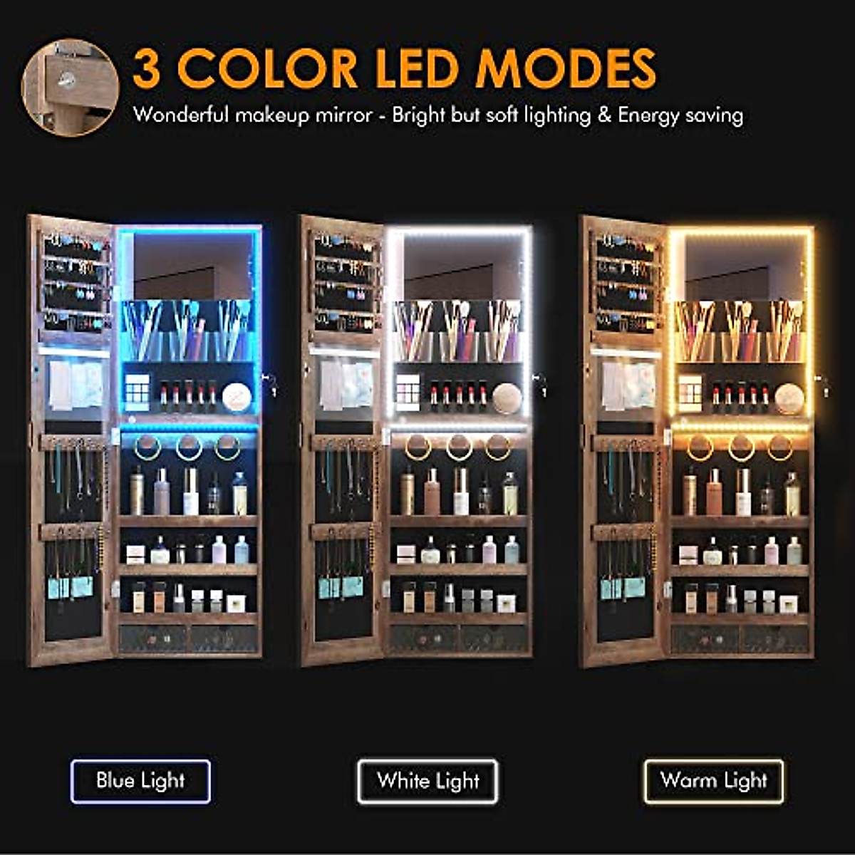 Vlsrka Mirror Jewelry Cabinet with 3 LED Lights, Wall/Door Mounted Jewelry Armoire Organizer with Full Length Mirror Large Capacity Storage Hanging Cabinet, Built-in Lighted & Movable Makeup Mirror