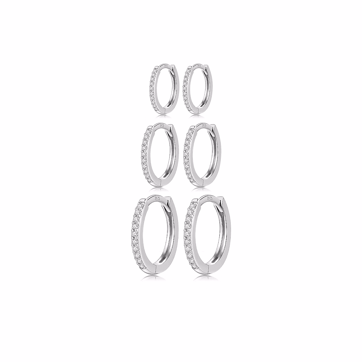 3 pairs Sterling Silver Hoop Earrings for Women 14K White Gold Plated Small Silver Hoop Earrings Cubic Zirconia Huggie Hoop Earrings for Men(Silver 8/10/12mm)