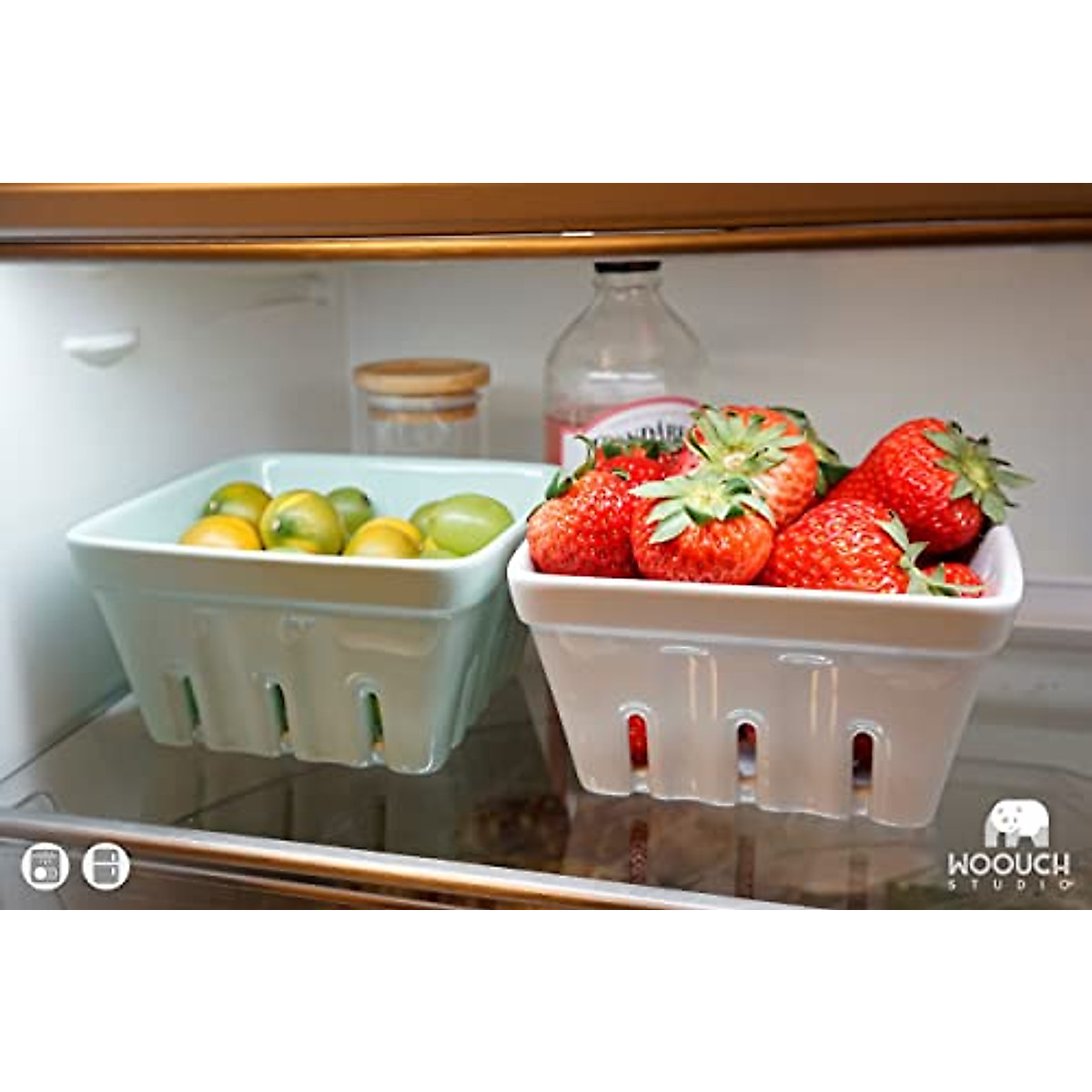 Woouch Ceramic Berry Basket, Square Fruit Bowl With Holes, 5.7" Colander For Kitchen, Cute Small Container For Berries, Strawberry, Grape, Cherry, Rustic Stoneware Décor (White)