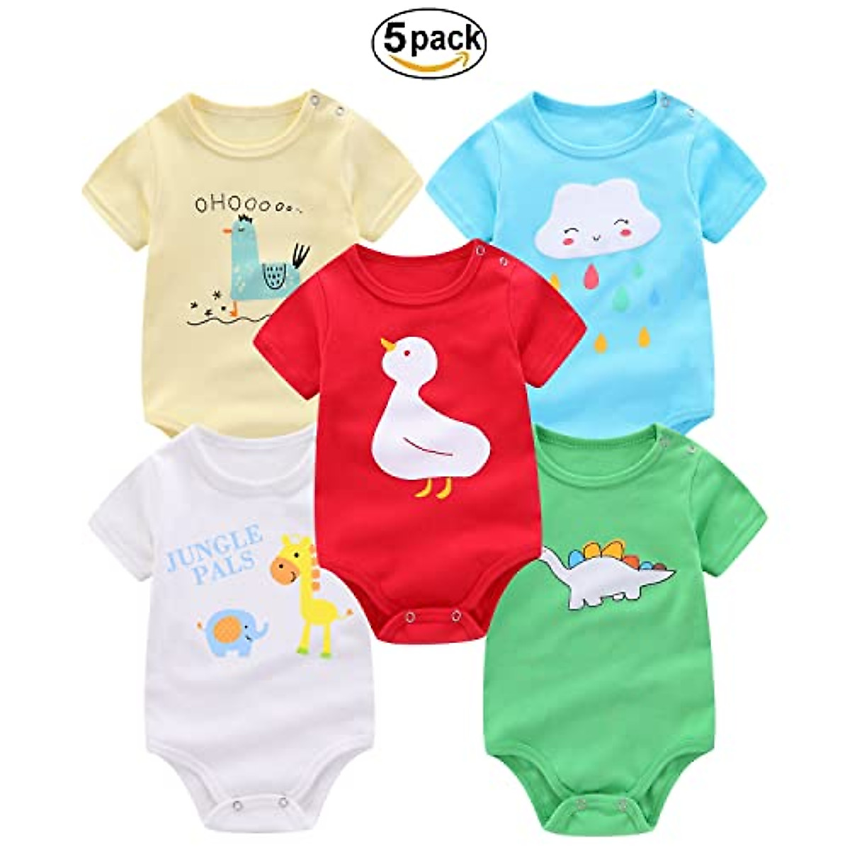 FLORNO Unisex Baby Bodysuits 5-Pack Baby Short Sleeve Bodysuits Onesies Bodysuit Short-Sleeve Bodysuits0 Organic Cotton (9-12 Months)