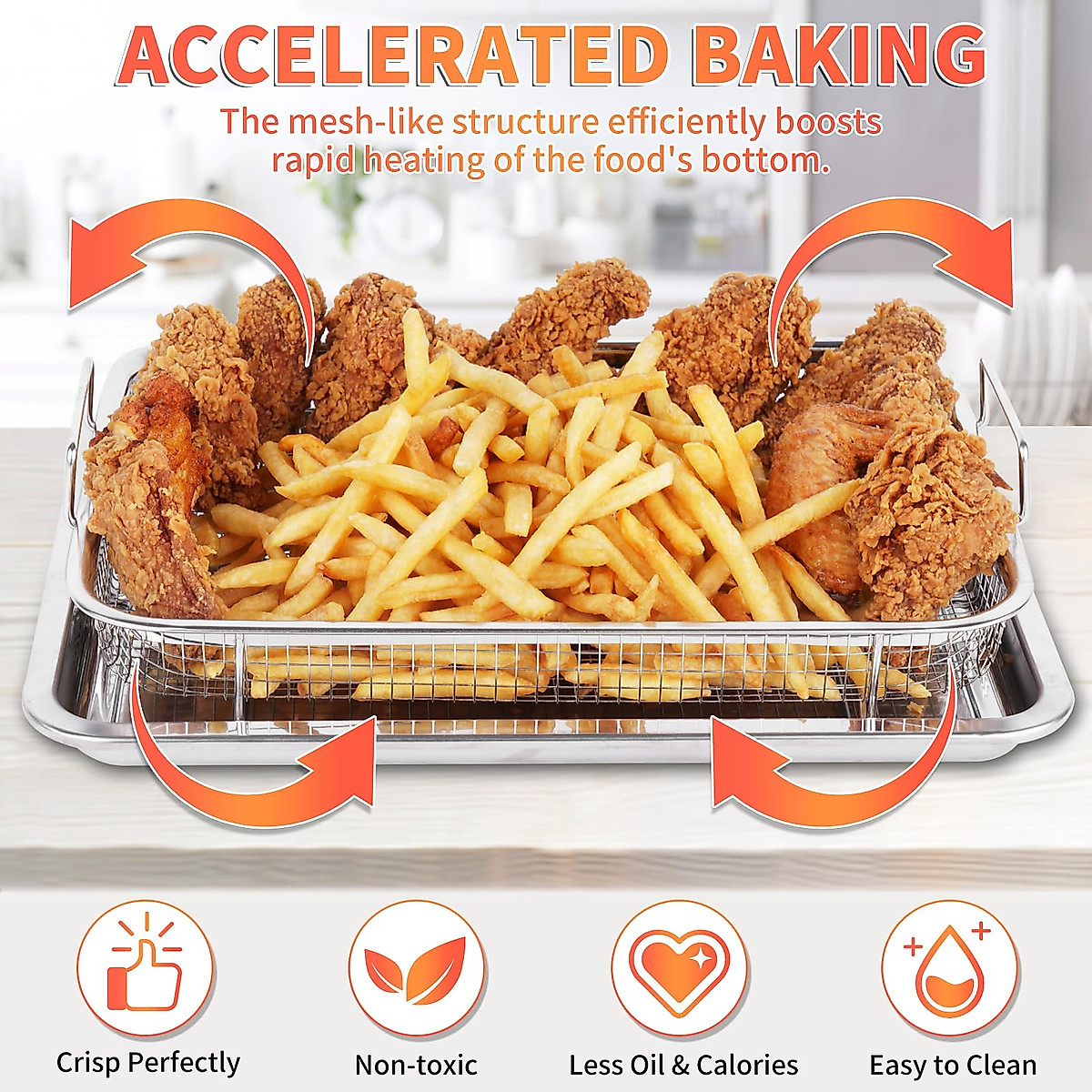 Air Fryer Basket | 12.8" x 9.6" Stainless Steel Non-toxic Basket with Tray | Airfry Toaster Oven Accessories