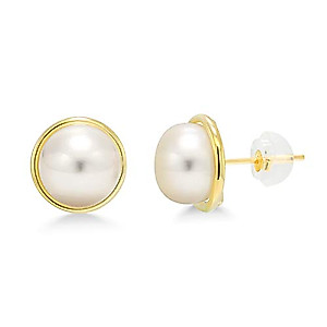 Gem Stone King 14K Yellow Gold 8MM White Button Shape Cultured Freshwater Pearl Stud Earrings For Women