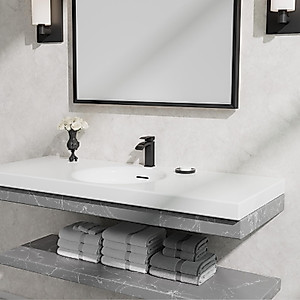 Phiestina Matte Black Waterfall Single Handle One Hole Bathroom Sink Faucet, Square Single Hole Basin Faucet with Metal Pop-up Drain with Overflow and Water Supply Line, BF01049-N1-MB