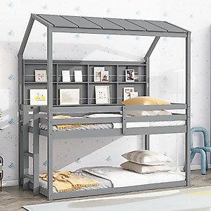 Bellemave Twin Size House Bunk Bed with Bookshelves for Kids,Twin Over Twin Floor Bunk Beds with Semi-Enclosed Roof,Solid Wood Twin Size Low Bunk Bed for Girls Boys,Gray