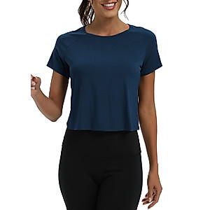 Mippo Short Sleeve Workout Tops Athletic Shirts Gym Clothes Exercise Tees Sports Running Active Wear Cute Work Out Crop Top TShirts for Women Loose Fit Navy Blue L