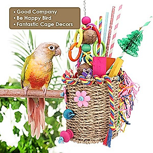 YIXUND Bird Toys,Seagrass Foraging Basket Bird Toy with Colorful Crinkly Paper Wooden Blocks Paper and Bamboo Fingers Nuts DIY Honeycomb Tree for Small Parrot Birds