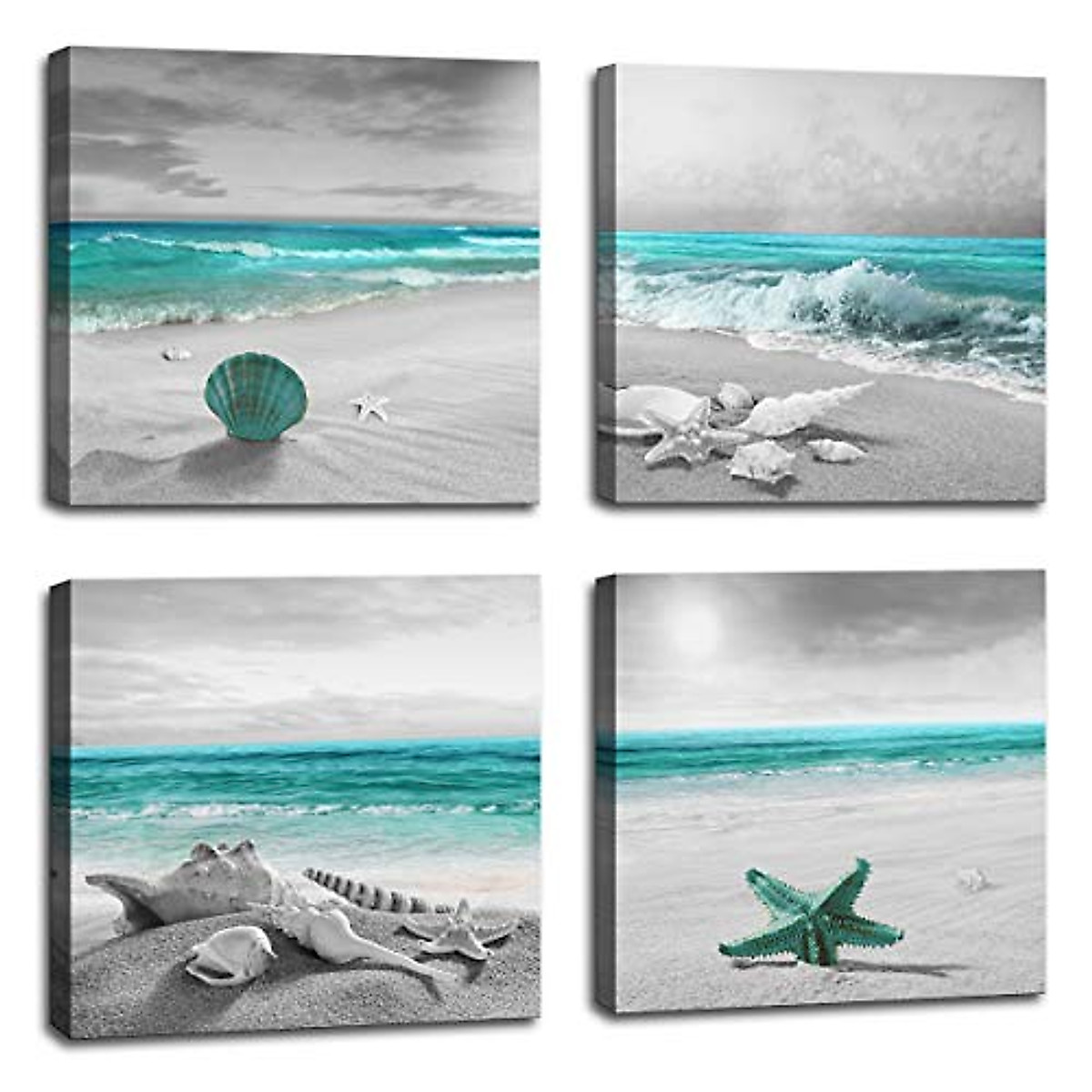 JUFENGART 4 panels green ocean beach wall decoration for bathroom beach canvas prints natural pictures home artwork bedroom living room wall art ready to hang size: 12x12inch/set