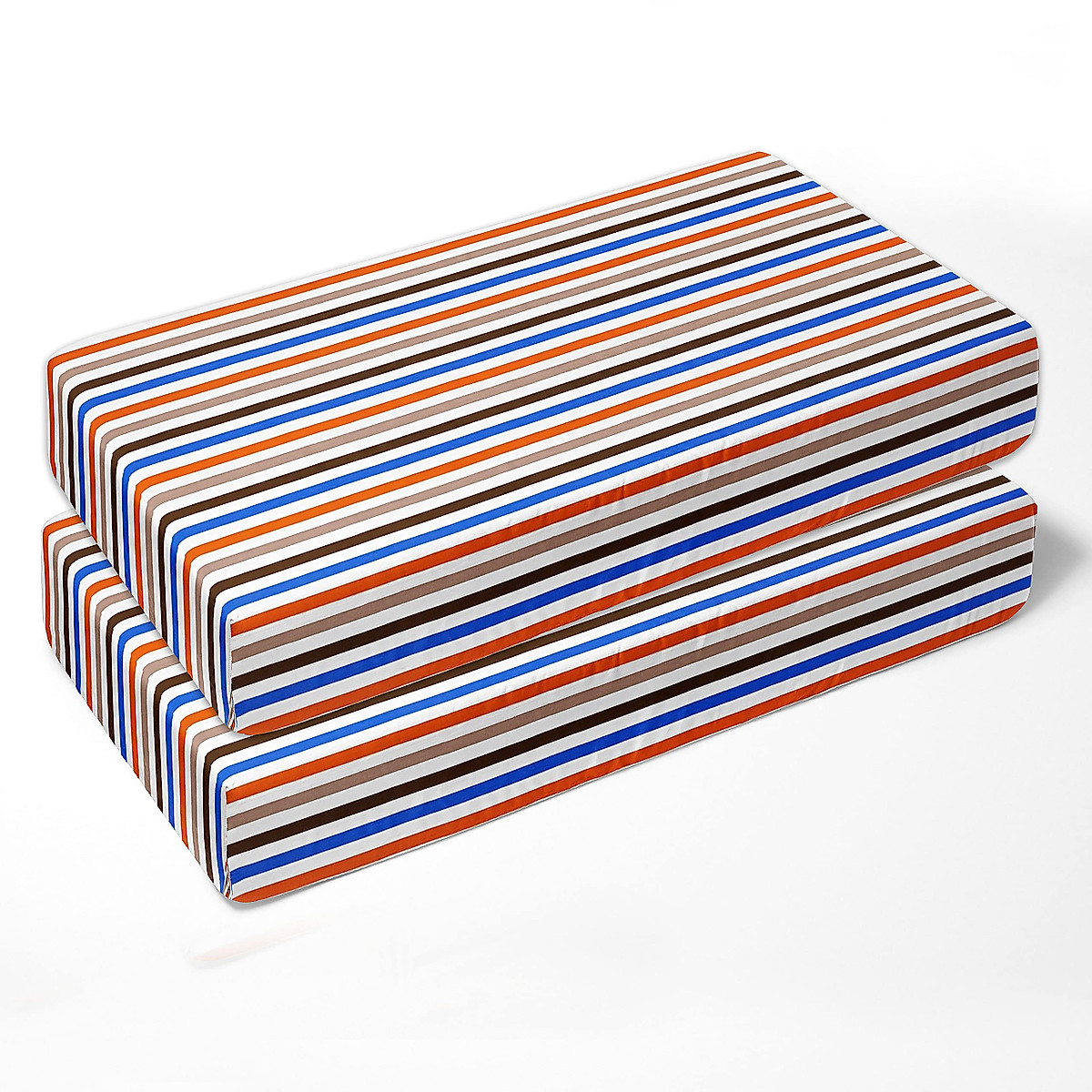 Bacati - 2 Pack MOD Sports Boys 100% Cotton Percale Universal Baby US Standard Crib or Toddler Bed Fitted Sheets (Stripes, Blue Orange Chocolate Brown)