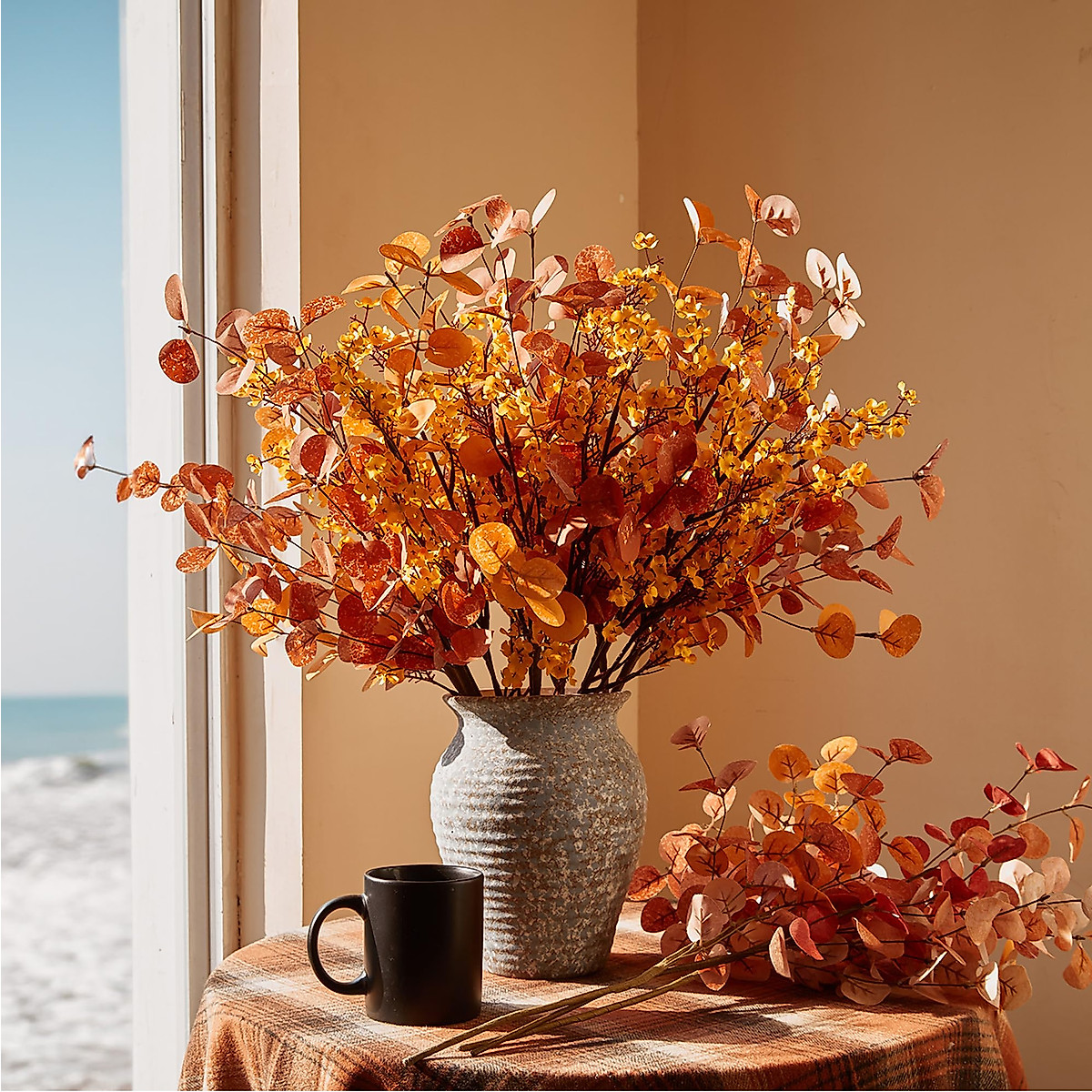 Anna's Whimsy 8 Pcs Artificial Eucalyptus Stems and Fake Babys Breath Flower Fall Decorations Fall Leaves for Fall Home Decor