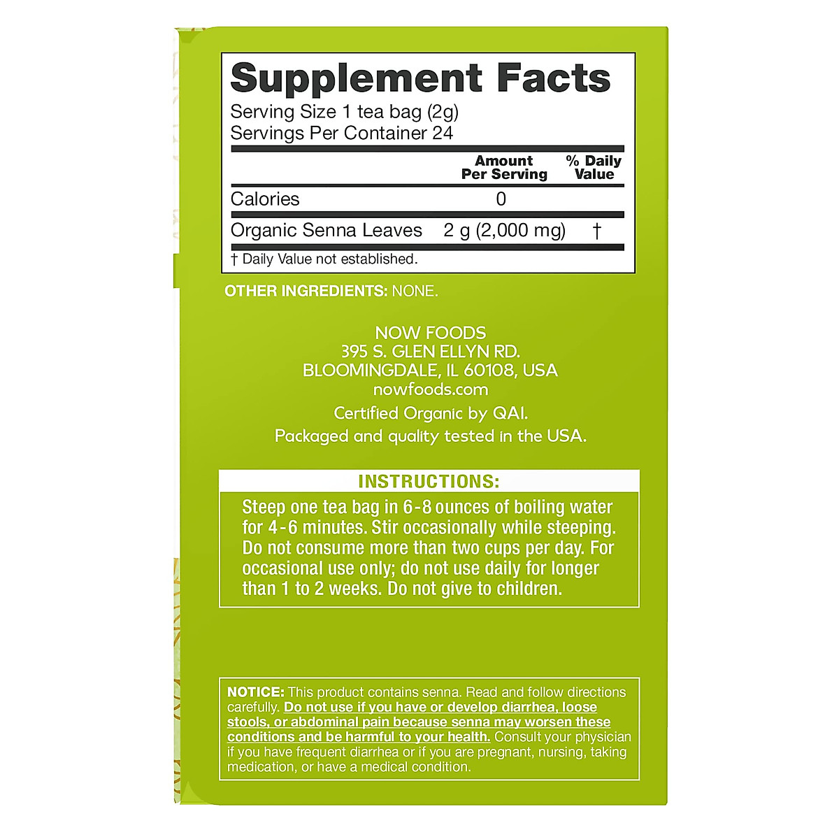 NOW Foods, Certified Organic Senna Tea, Caffeine Free, Relieving, Non-GMO, Premium Unbleached Tea Bags with No-Staples Design, 24-Count