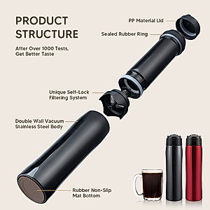 BENFUCHEN Portable Coffee Maker Stainless Steel Insulated Double Wall Vacuum Car Travel French Press Tea Maker Coffee Pot Outdoor Coffee Mug Cup With Stainless Steel Spoon, 350ML/12OZ, Red