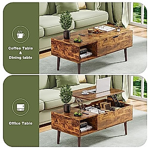 OLIXIS Modern Coffee Table Wooden Furniture with Lifting Tabletop, Storage Shelf and Hidden Compartment for Living Room Office, Rust Brown