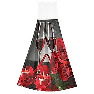 Red Wine in Glasses Red Rose Candle 2 Pcs Hanging Kitchen Hand Towels, Hanging Tie Towels with Hook & Loop Washcloth Dishcloths Sets Decorative Absorbent Tea Bar Bath Hand Towel